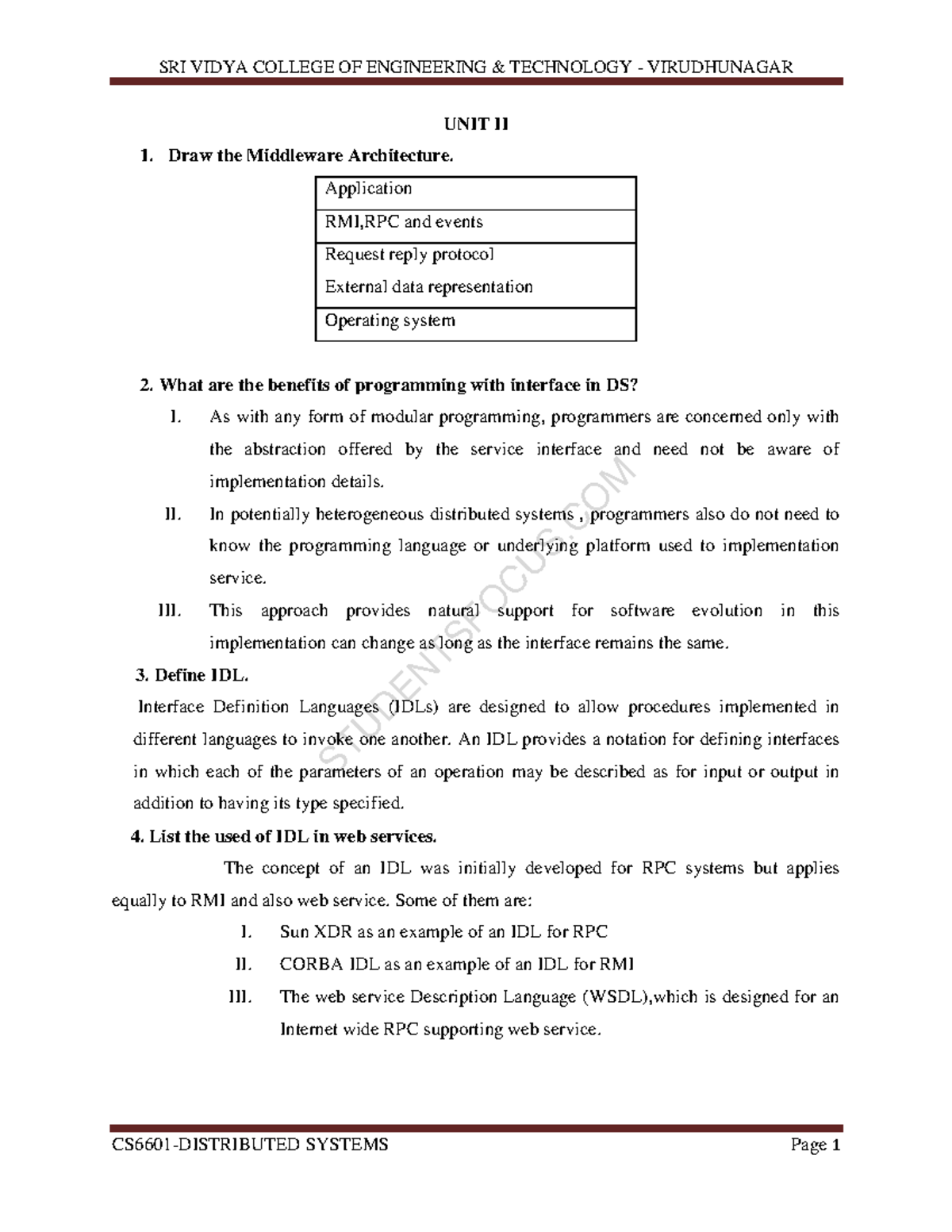 QB104612 - unit 2 distributed system - STUDENTSFOCUS UNIT II Draw the Middleware Architecture ...