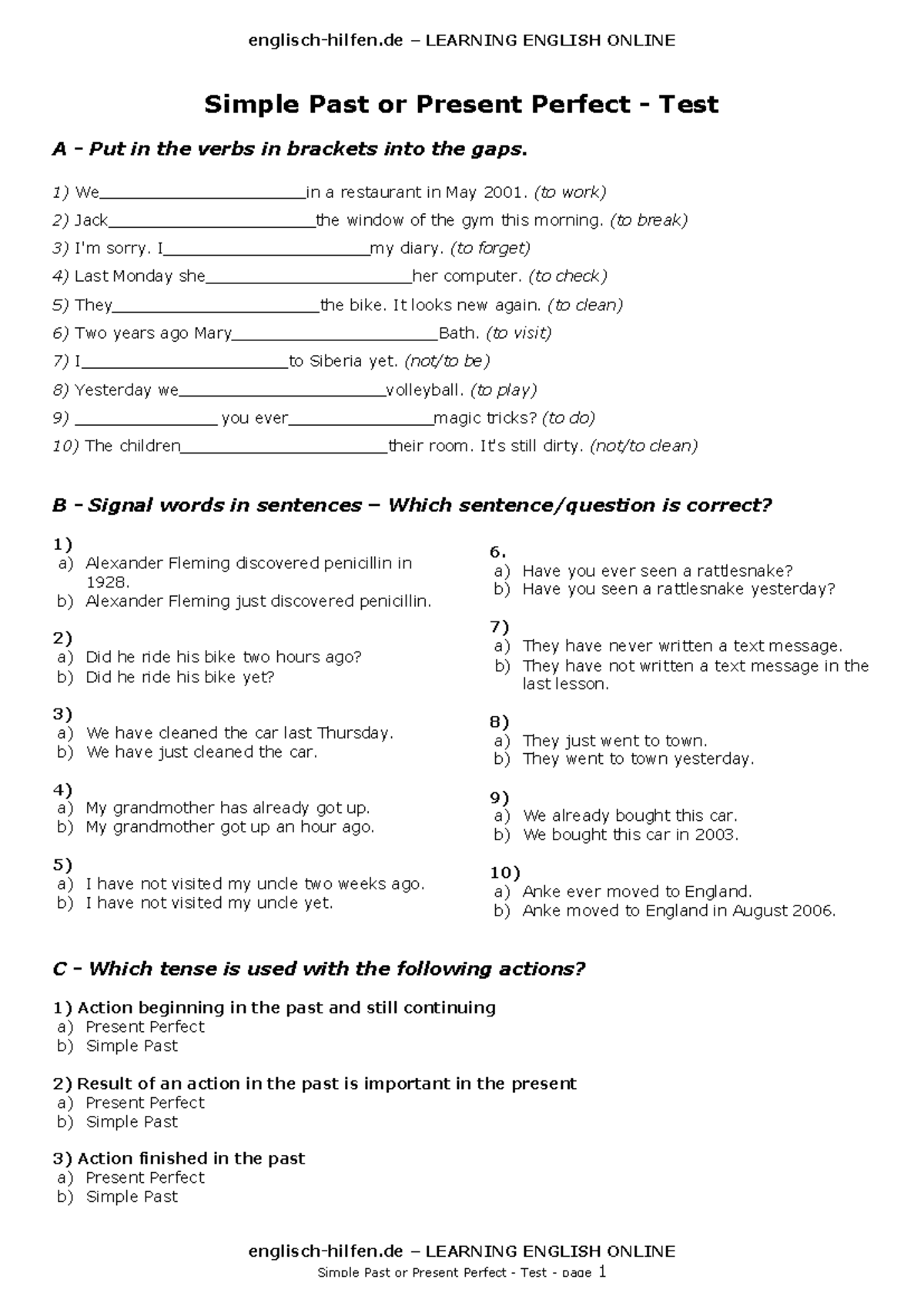 Ingles test - englisch-hilfen – LEARNING ENGLISH ONLINE Simple Past or ...