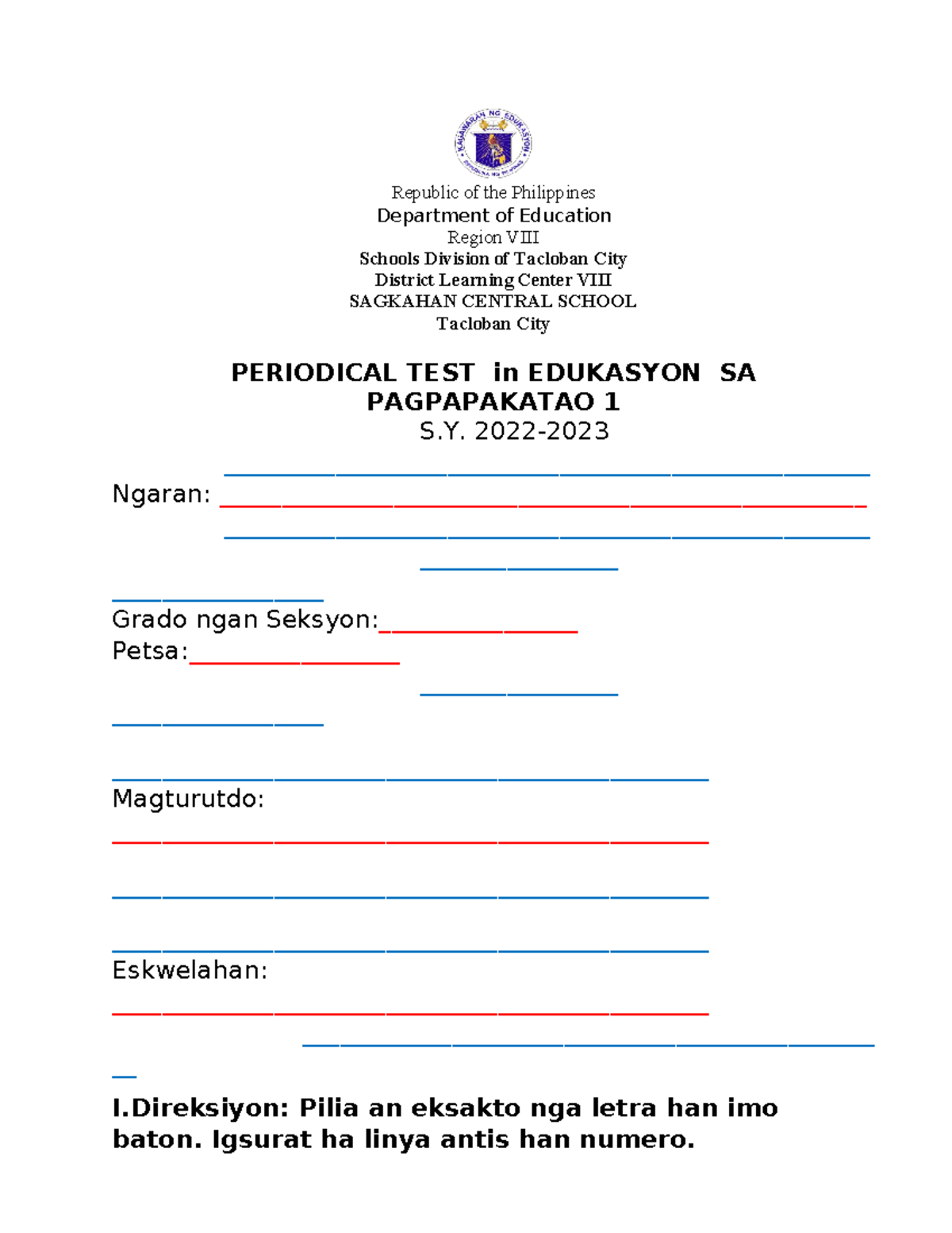 First Quarter TEST IN Espfinal COPY - Republic of the Philippines ...