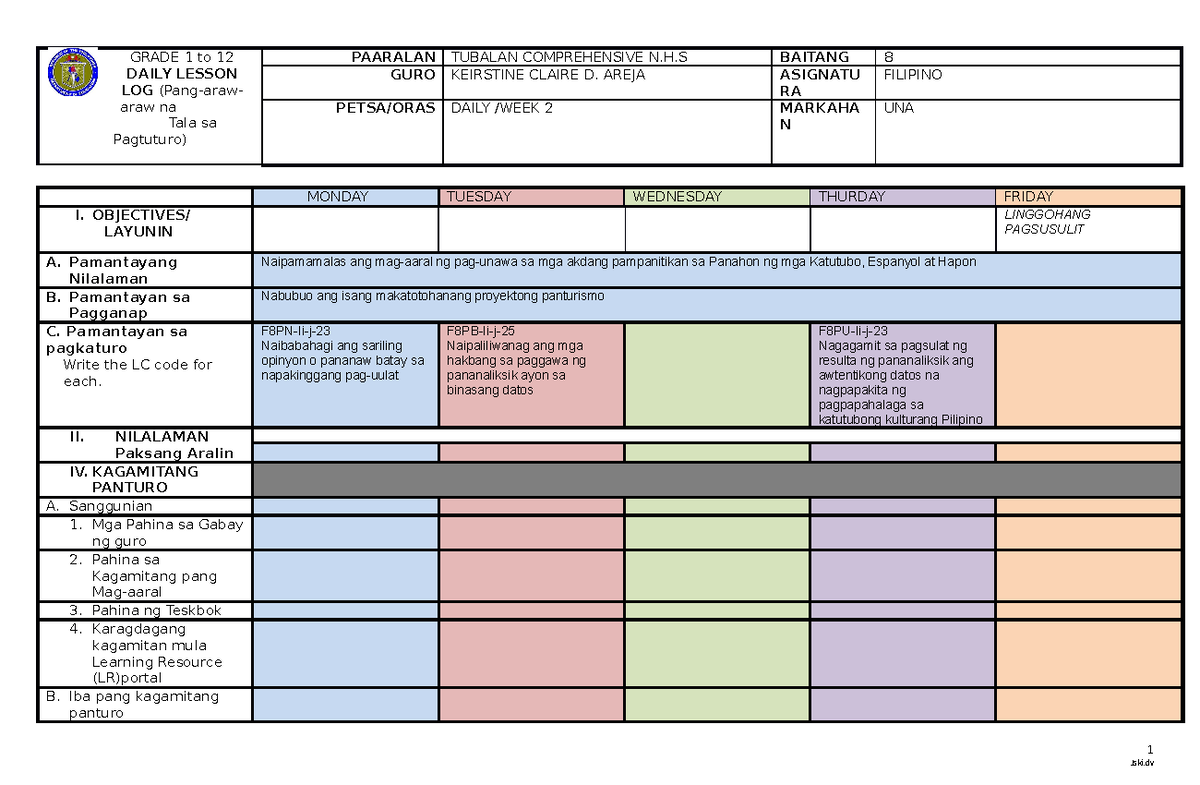DLL Themeplate Colored - GRADE 1 to 12 DAILY LESSON LOG (Pang-araw ...