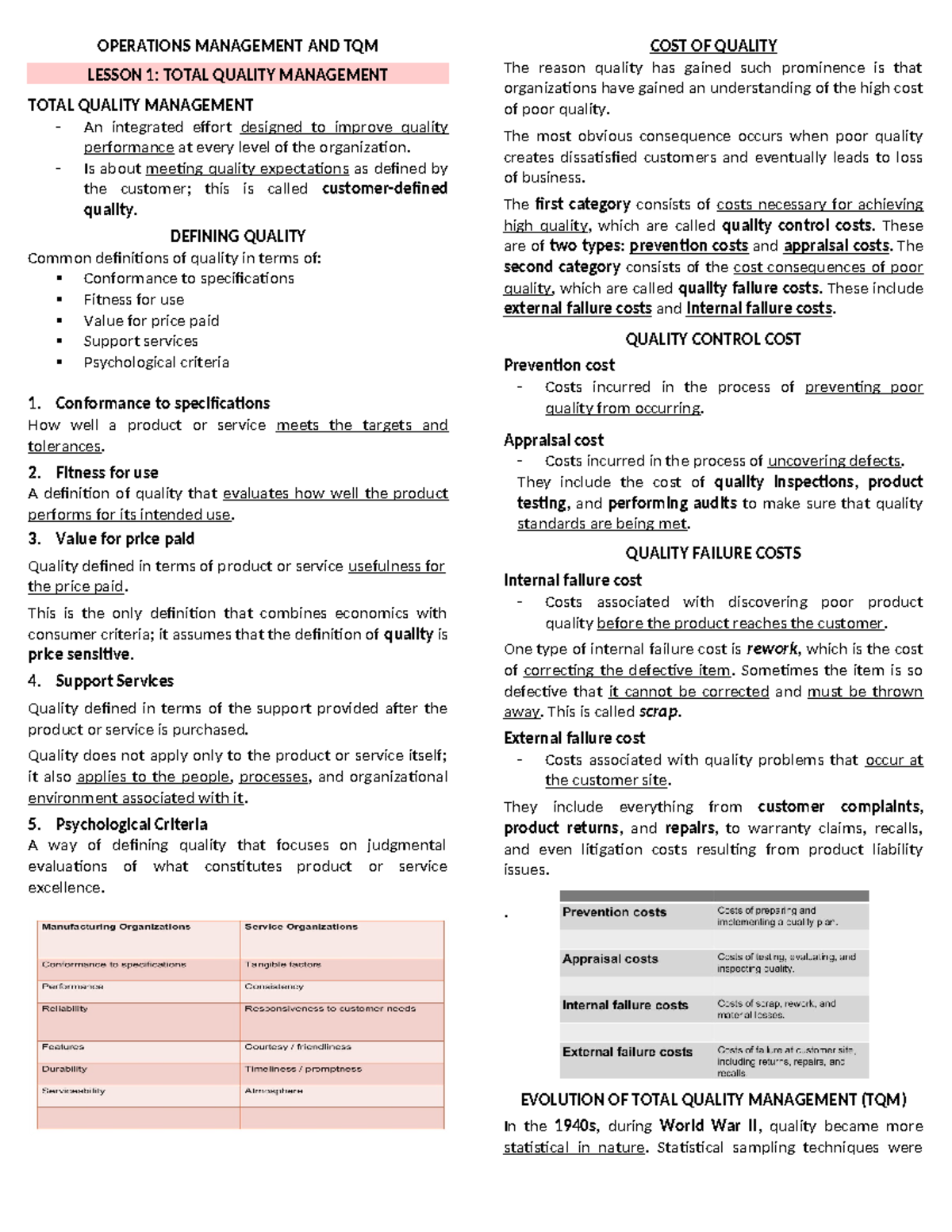 OM AND TQM - Lesson Notes - OPERATIONS MANAGEMENT AND TQM LESSON 1 ...