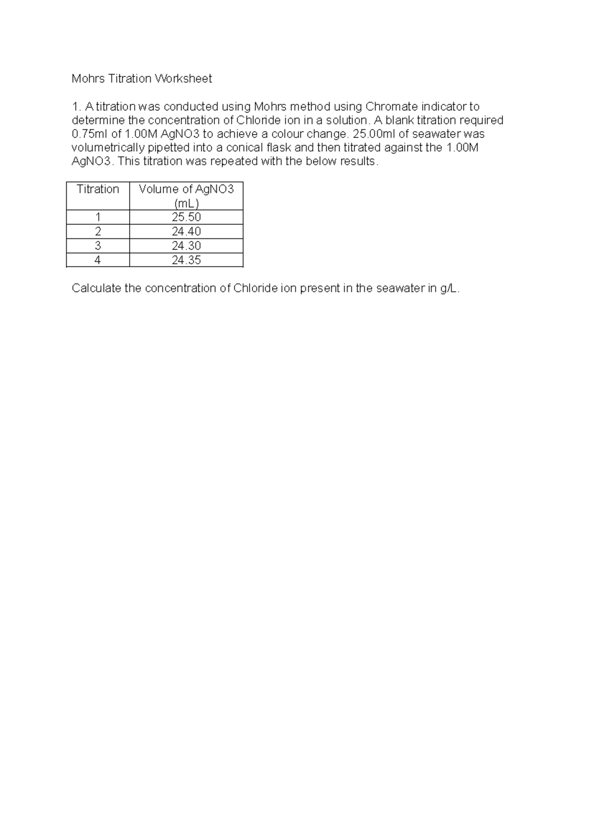 Mohrs Titration worksheet - Mohrs Titration Worksheet A titration was ...