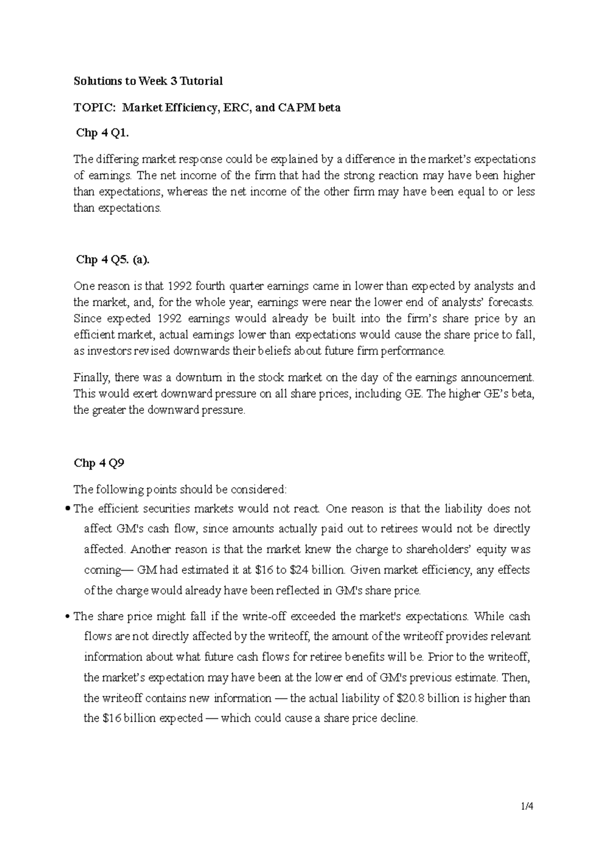 Week 3 Tutorial Solutions - Solutions to Week 3 Tutorial TOPIC: Market Efficiency, ERC, and CAPM ...