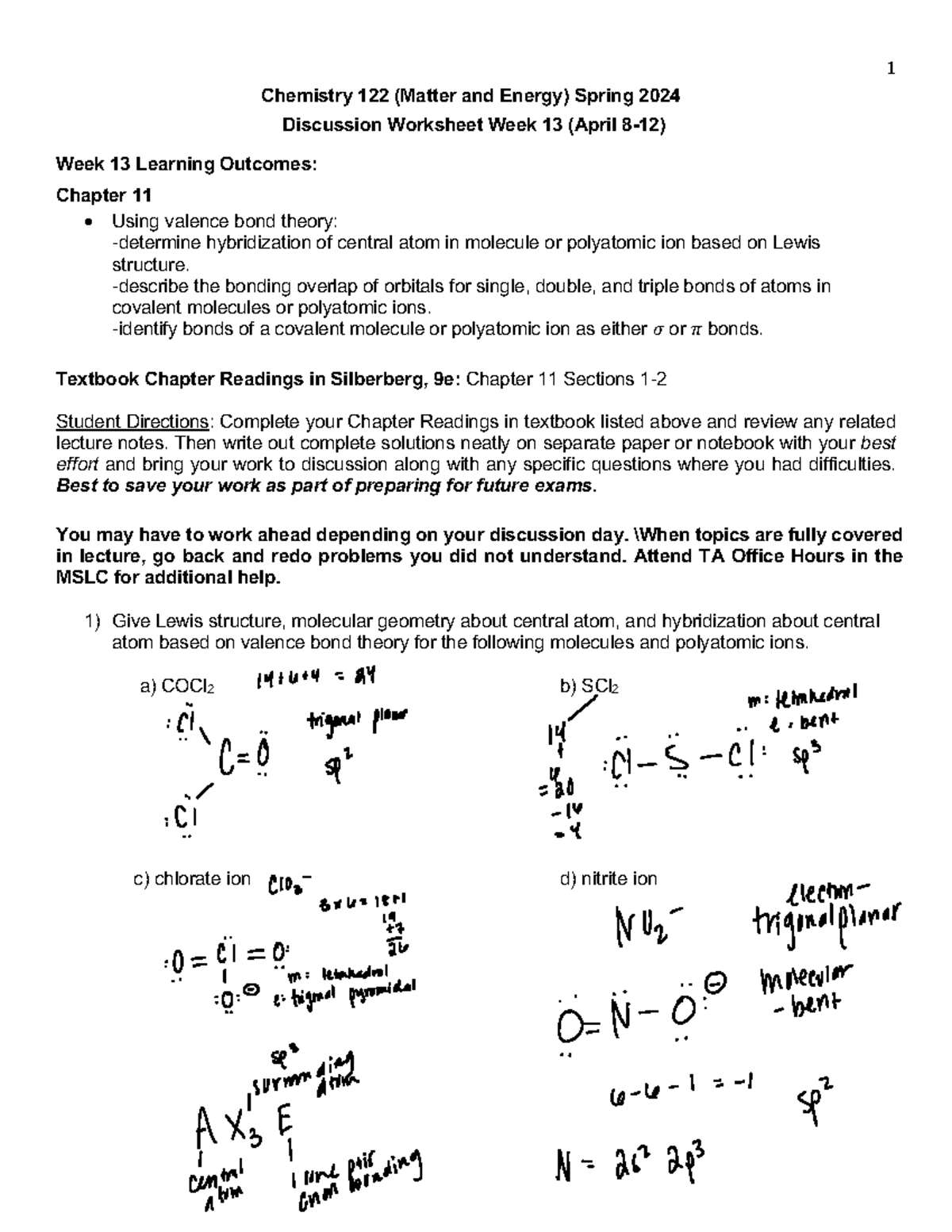 CHEM 122 S24 Dis Wk 13 - topics include: the bonding overlap of orbitals for single, double, and ...