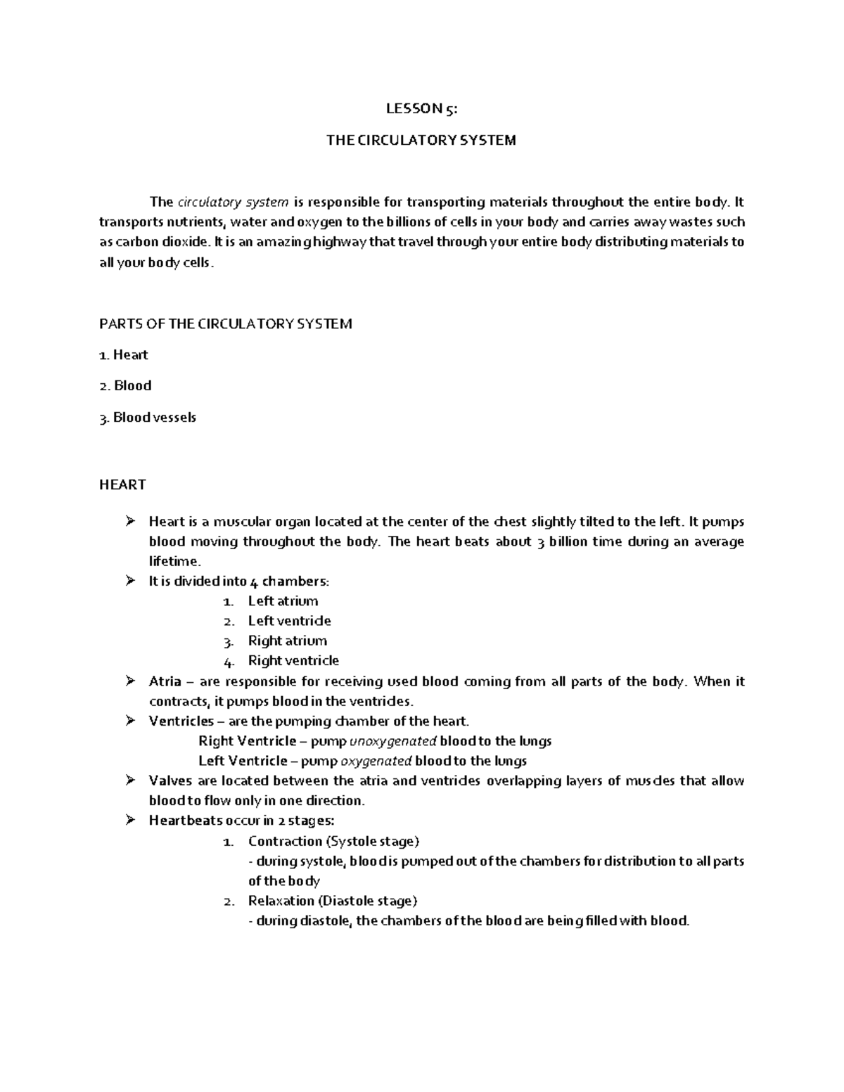 Circulatory System - LESSON 5: THE CIRCULATORY SYSTEM The circulatory ...