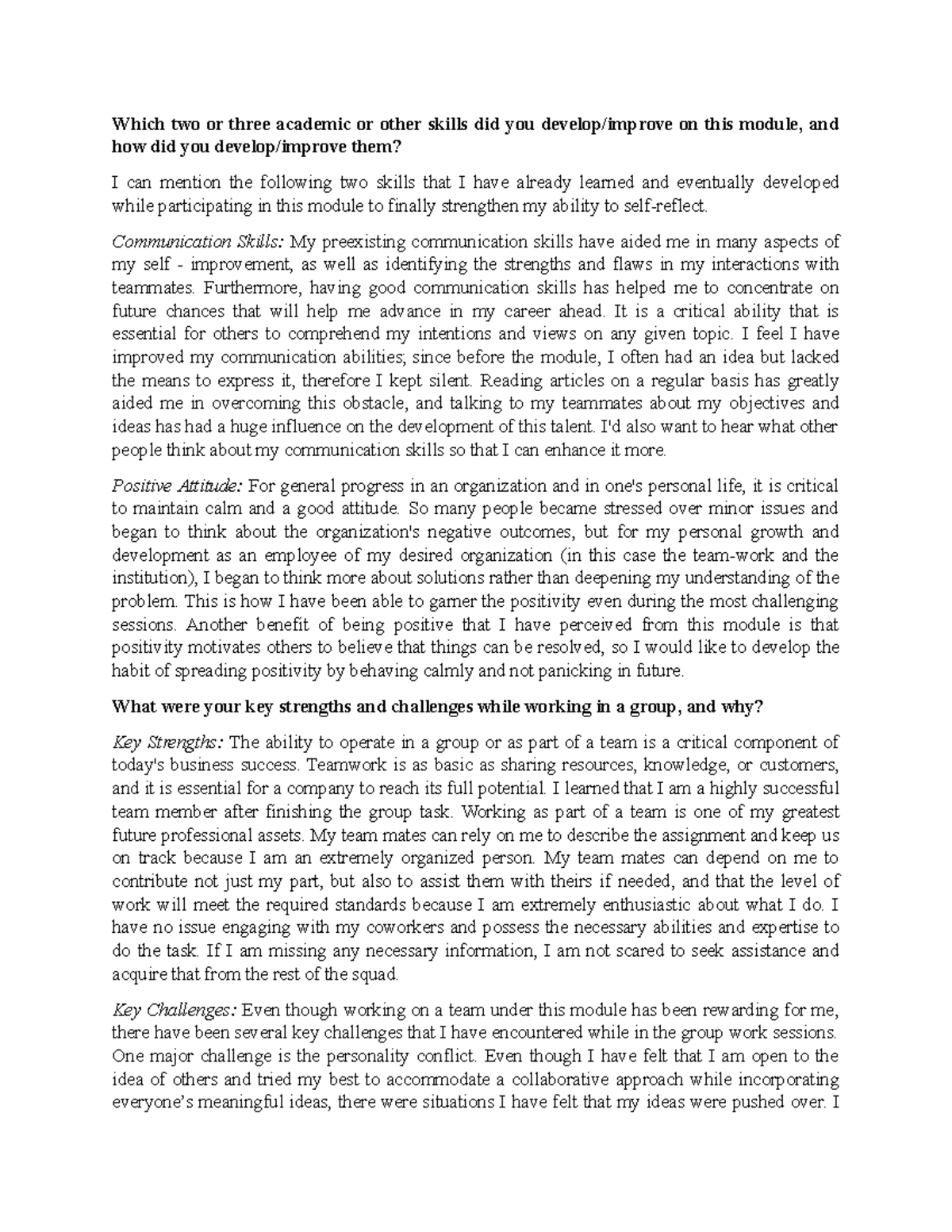 Self Reflection on the Group Project - Which two or three academic or ...