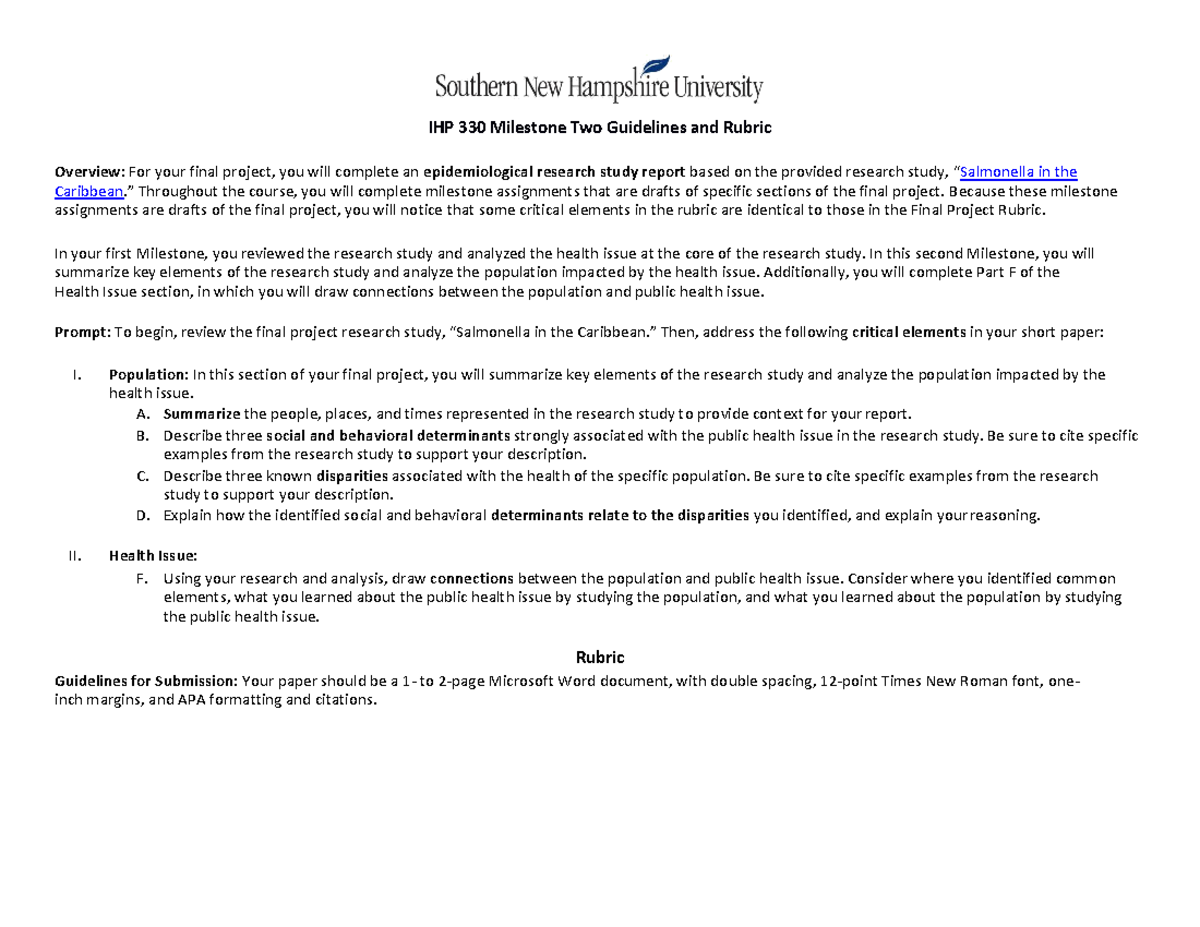 IHP 330 Milestone Two Guidelines and Rubric - = Throughout the course ...