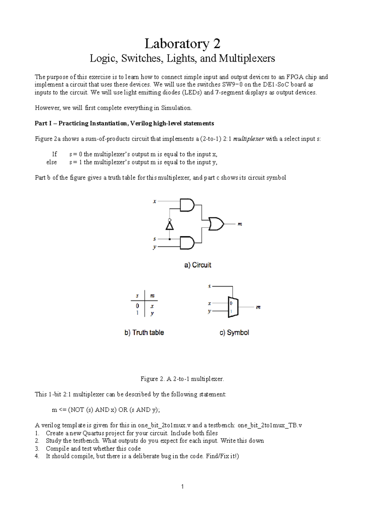 Lab2 2021 Verilog Lab2 Laboratory 2 Logic Switches Lights And Multiplexers The Purpose