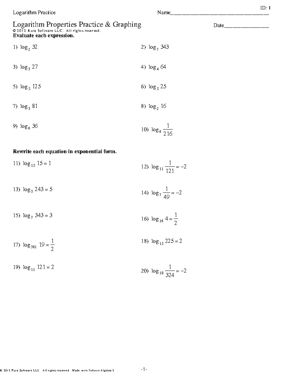 Logarithm Practice - Logarithm Properties Practice Graphing - ©M 4270 e ...