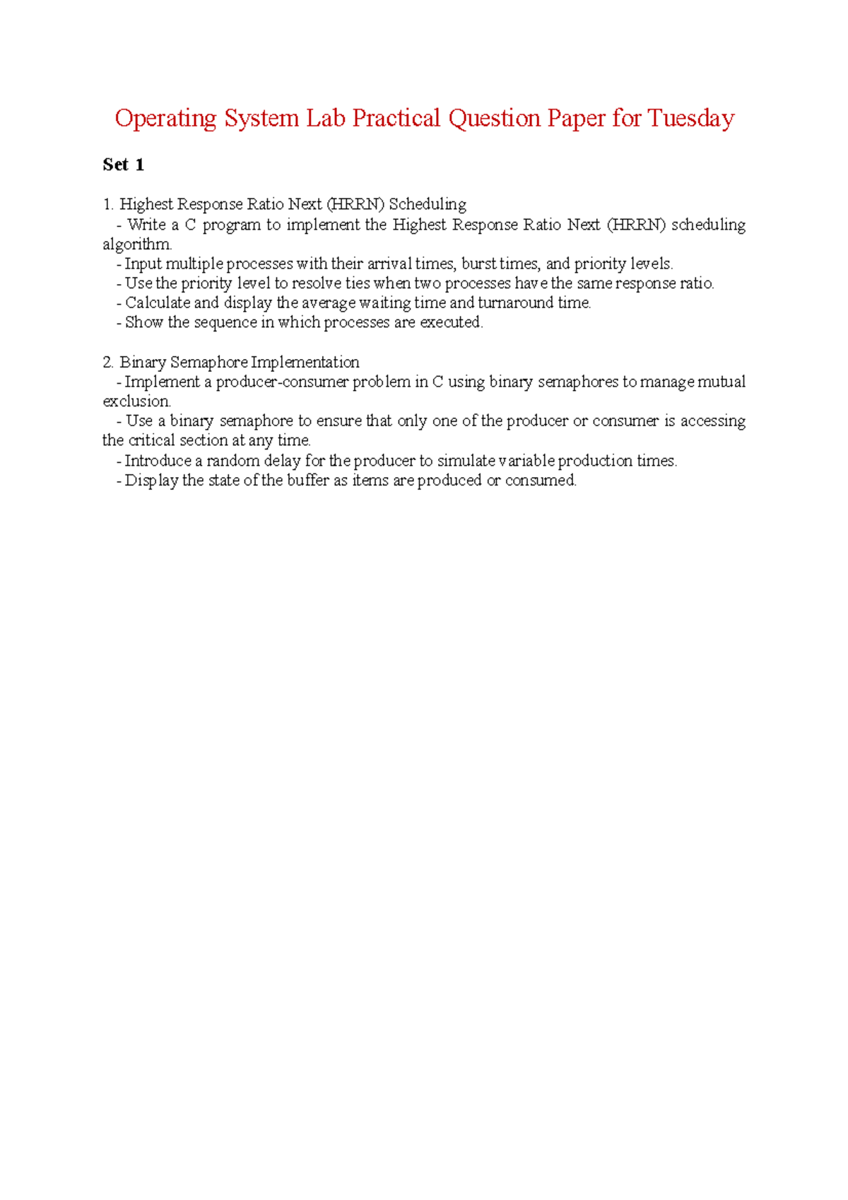 Os Lab Os Lab Operating System Lab Practical Question Paper For Tuesday Set 1 Highest