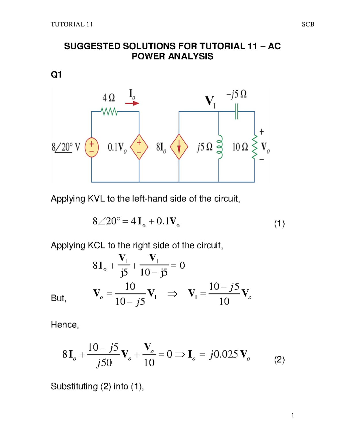 Solutions For Ee2101 Tutorial 11 Suggested Solutions For Tutorial 11 Ac 