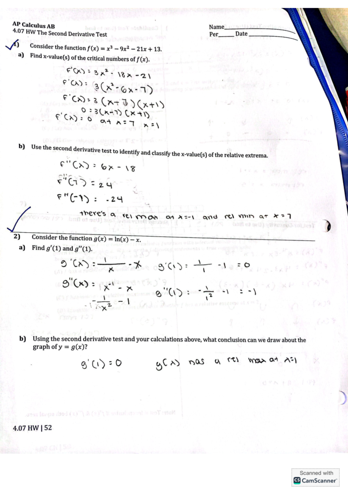 4.0.7 Calculus - AP Calculus AB Name 4 HW The Second Derivative Test ...