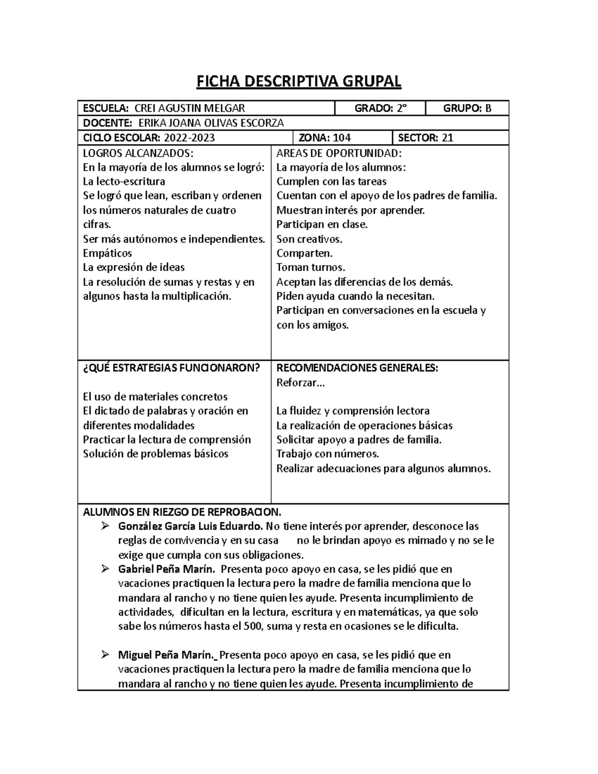 Ficha Descriptiva Grupal 2°B - FICHA DESCRIPTIVA GRUPAL ESCUELA: CREI ...