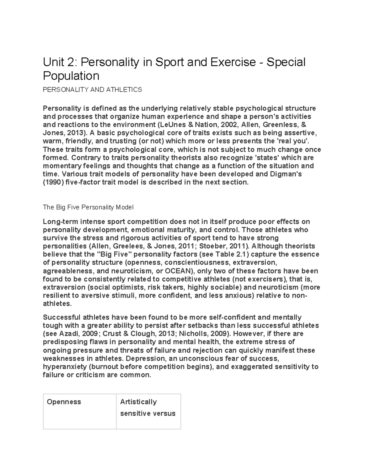 Unit 2 - Unit 2 notes on Personality in Sport and Exercise - Special ...