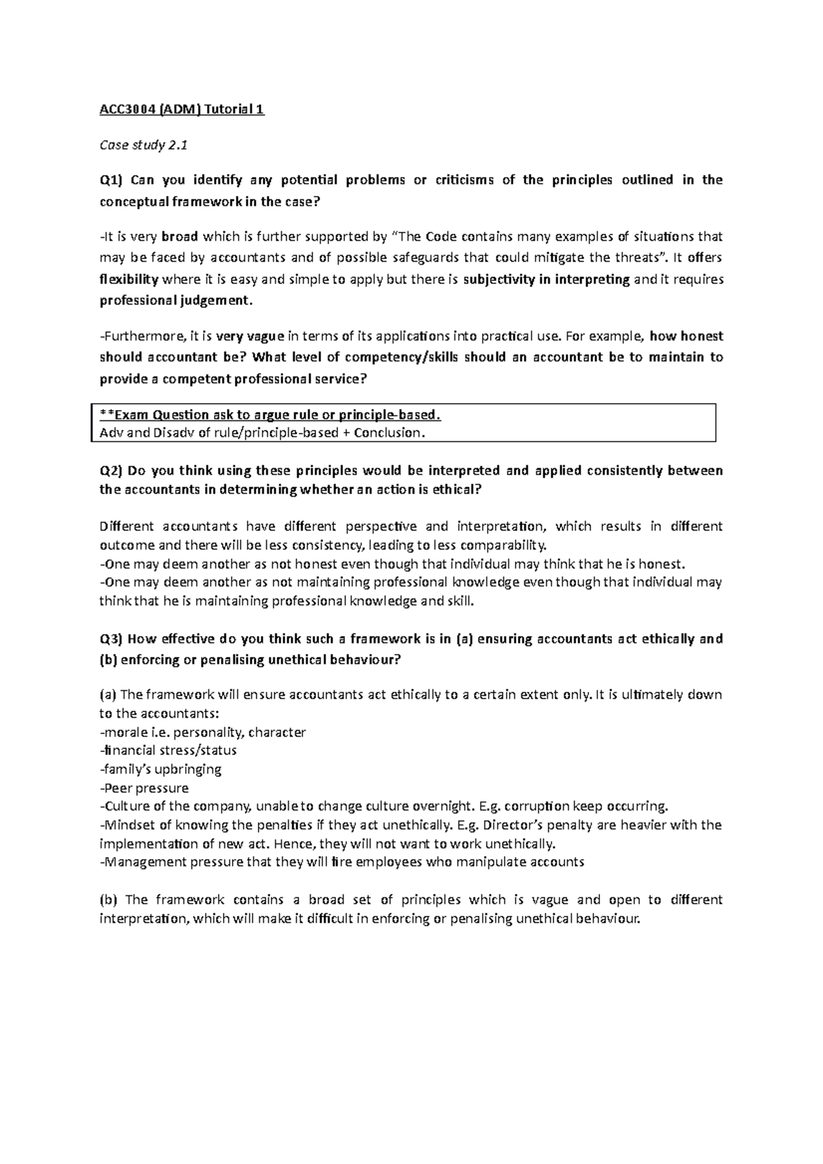 ACC3004 Tutorial 1 - ACC3004 (ADM) Tutorial 1 Case study 2. Q1) Can you ...