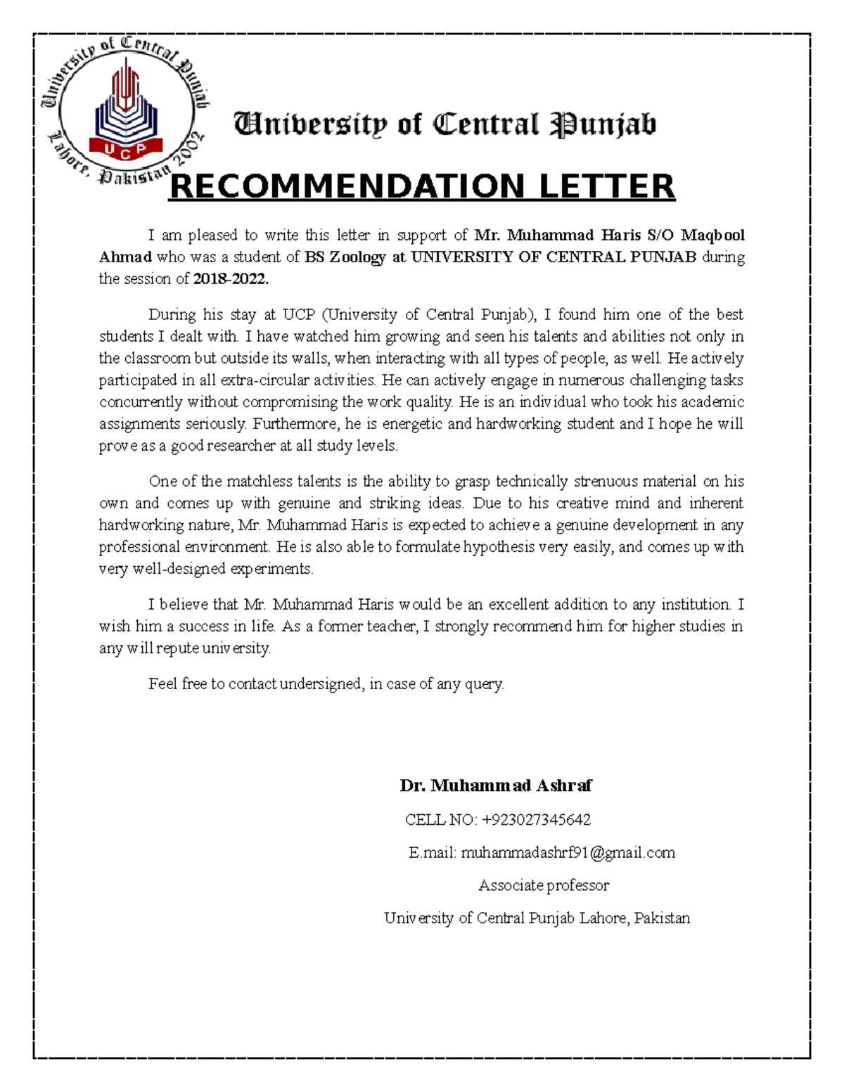 Recommendation letter dr - RECOMMENDATION LETTER I am pleased to write ...