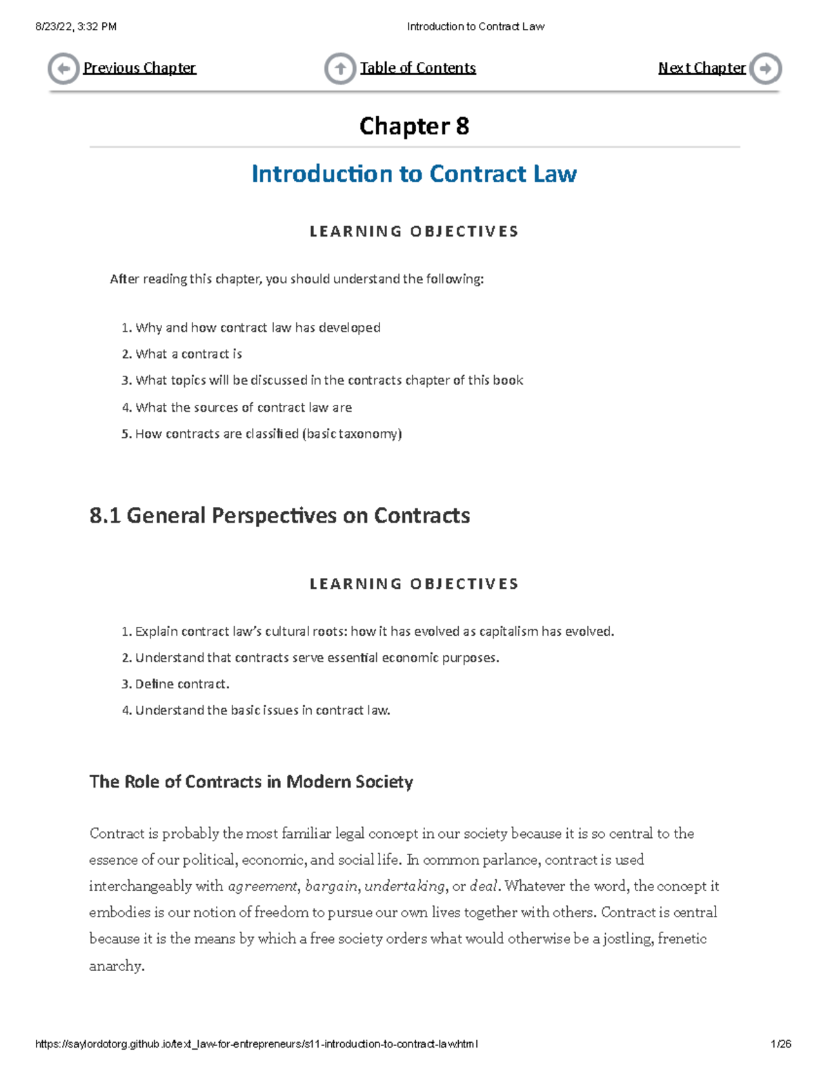 Introduction to Contract Law - Previous Chapter Table of Contents Next Chapter Chapter 8 ...