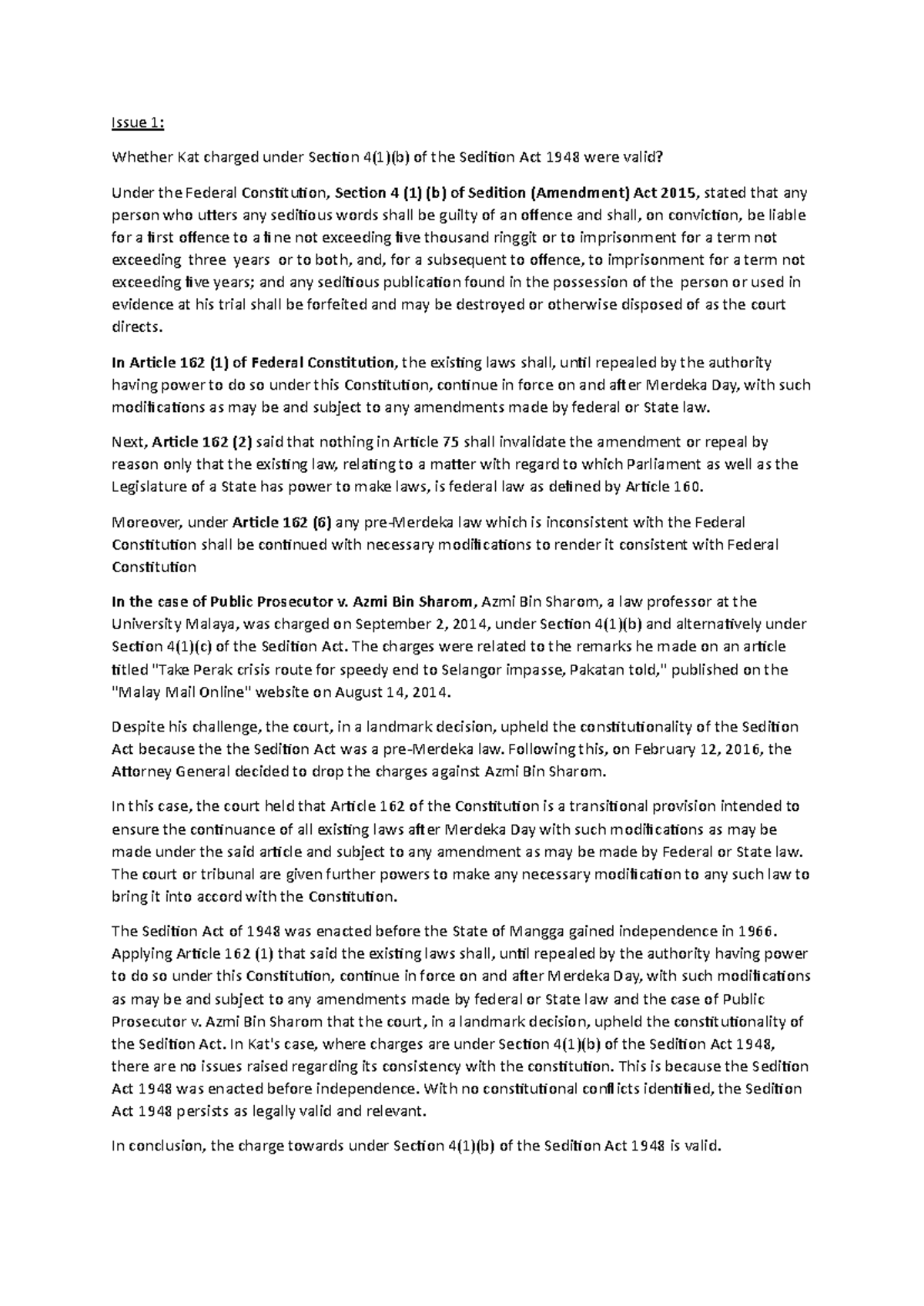 Tutorial 4 Constitution - Issue 1: Whether Kat charged under Section 4 ...