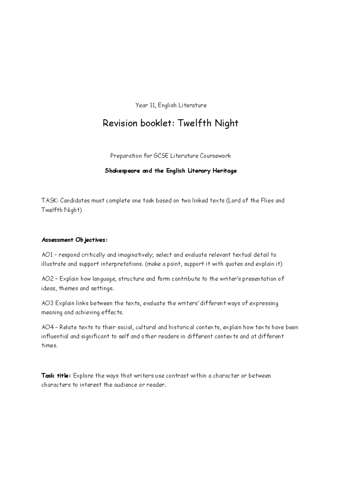 Revision booklet 12th night - Year 11, English Literature Revision ...