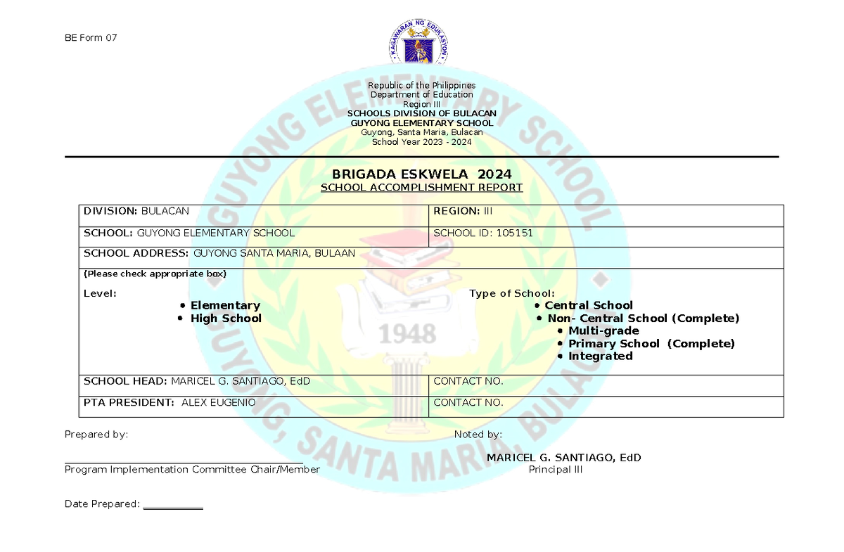 BE-Form-7 - Be form - BE Form 07 Republic of the Philippines Department ...