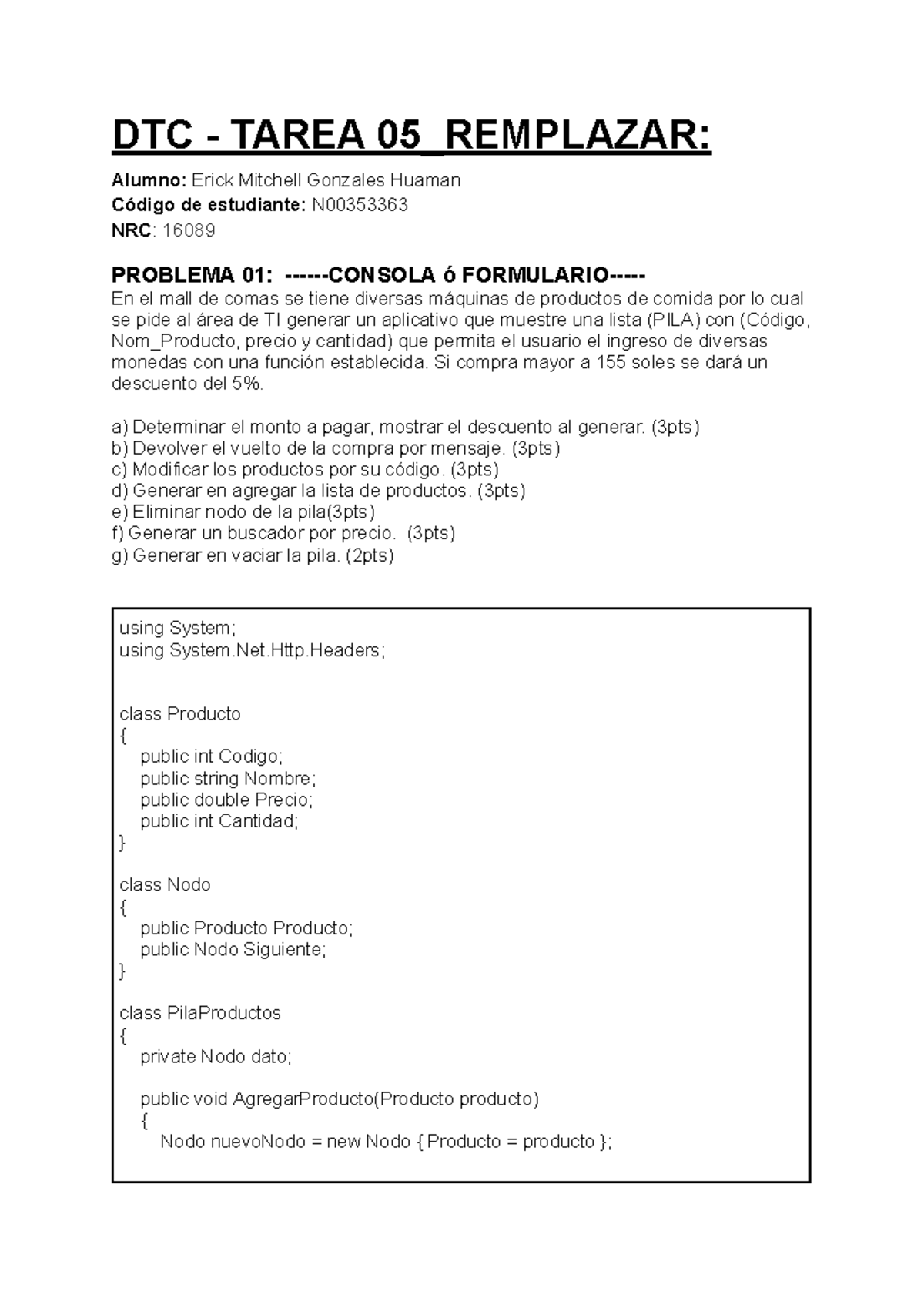 DTC - Tarea 05 Remplazar - DTC - TAREA 05_REMPLAZAR: Alumno: Erick Mitchell Gonzales Huaman ...