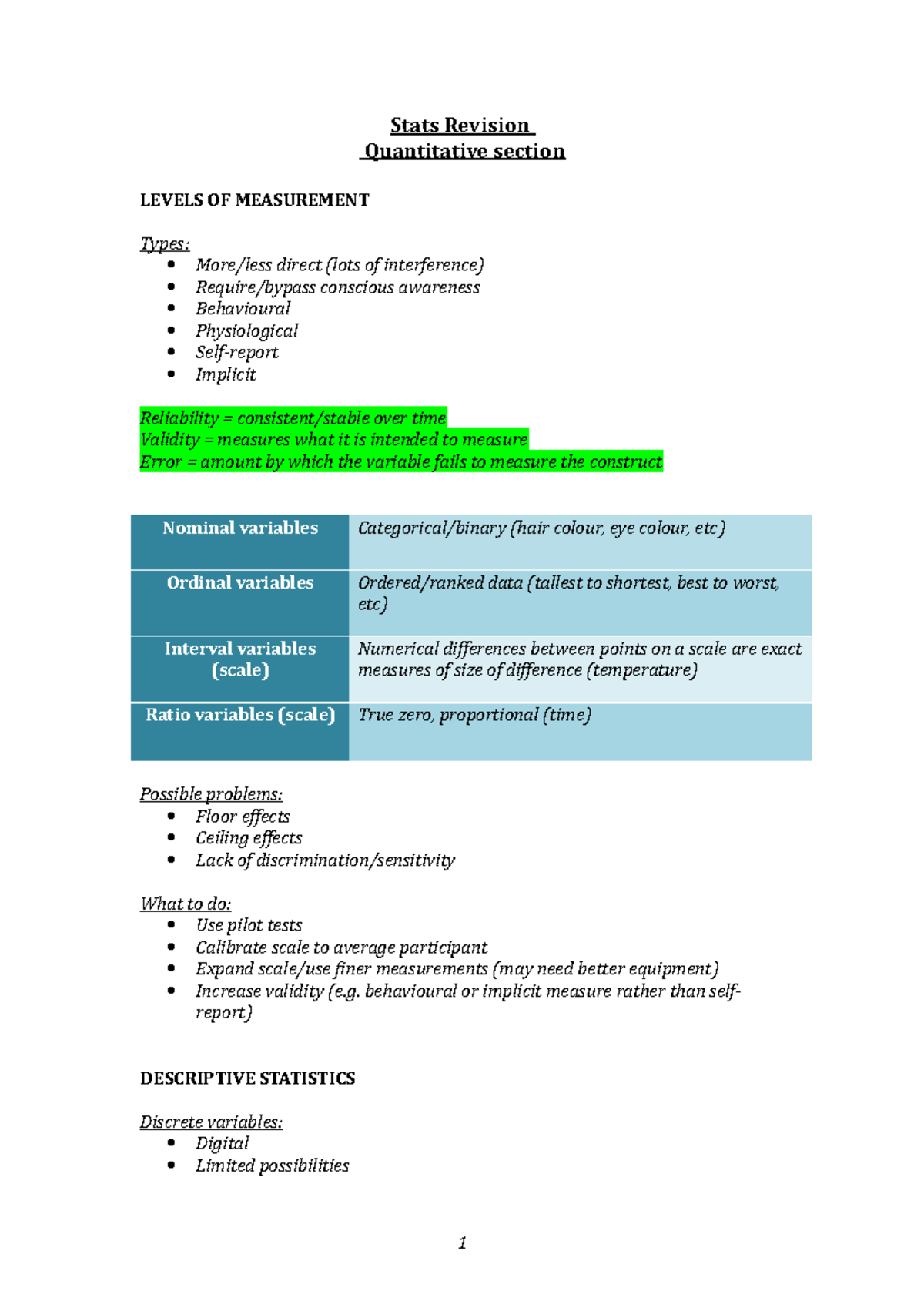 Stats Revision notes - Summary PSYCHOLOGICAL RESEARCH - Stats Revision ...