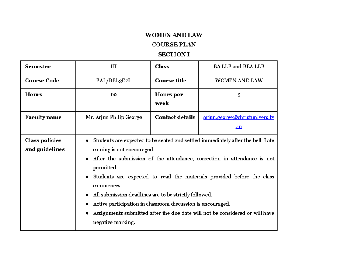 Course plan - WOMEN AND LAW COURSE PLAN SECTION I Semester III Class BA ...
