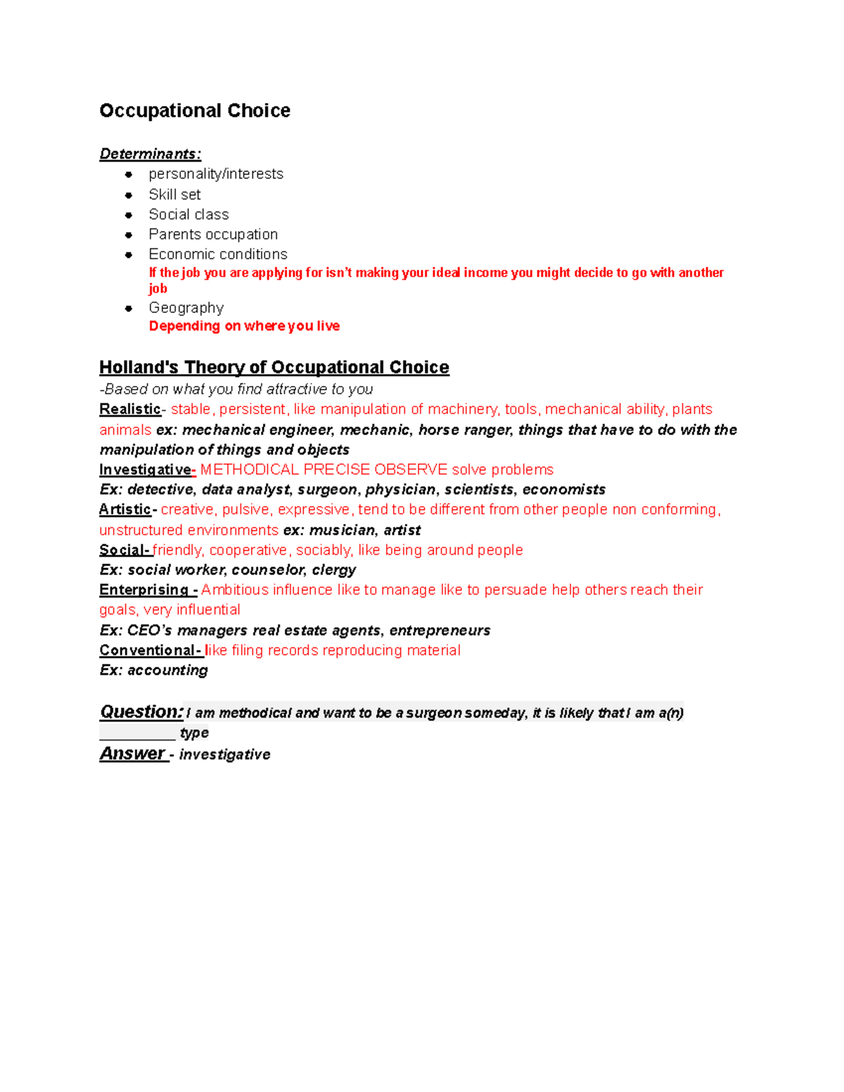 5 4 23 class notes - Occupational Choice Determinants: personality ...