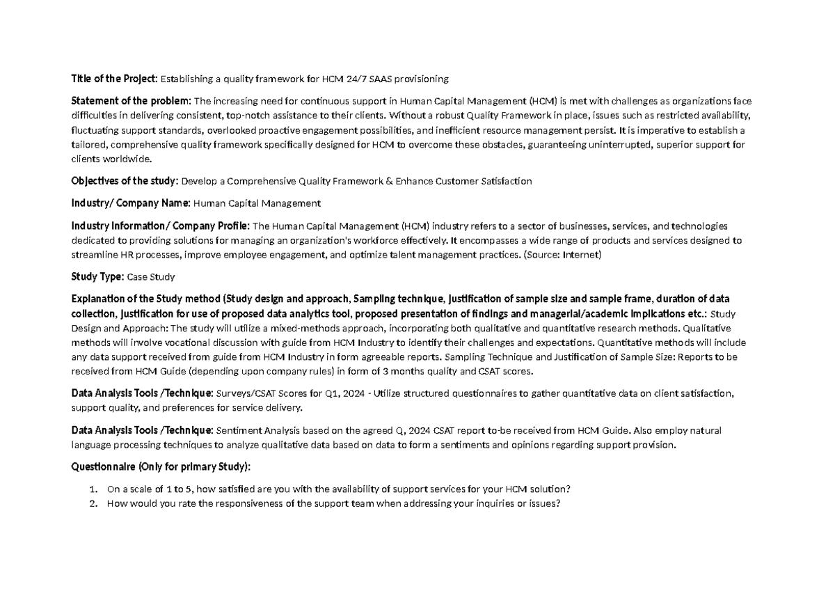 Establishing a quality framework for HCM 247 SAAS provisioning ...