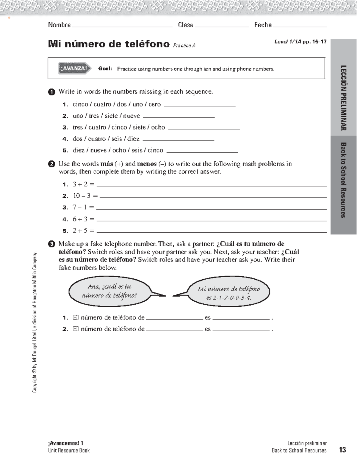 5 Mi Numero de Telefono - This description is about - Nombre Clase ...