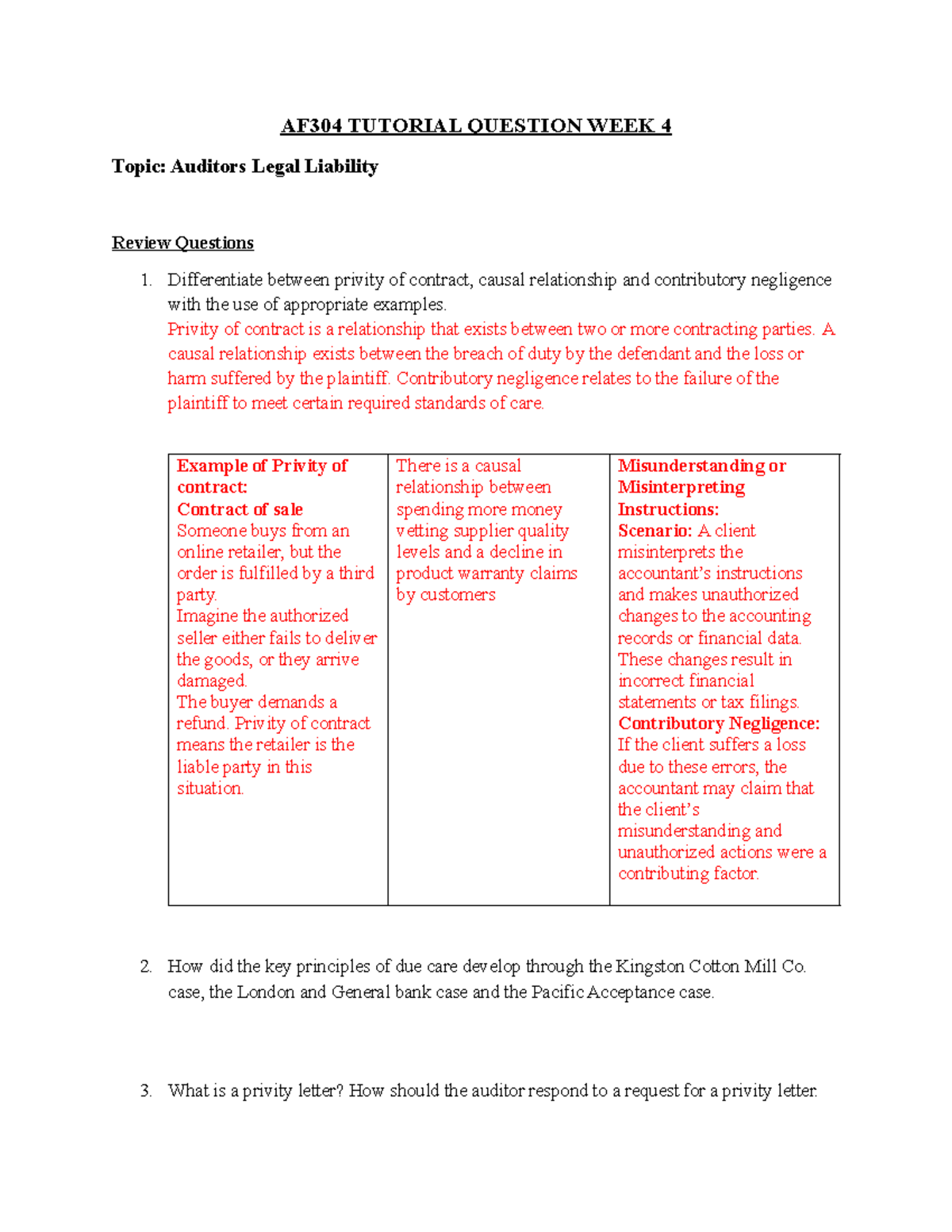 AF304 Week 4 Tutorial Questions - AF304 TUTORIAL QUESTION WEEK 4 Topic: Auditors Legal Liability ...