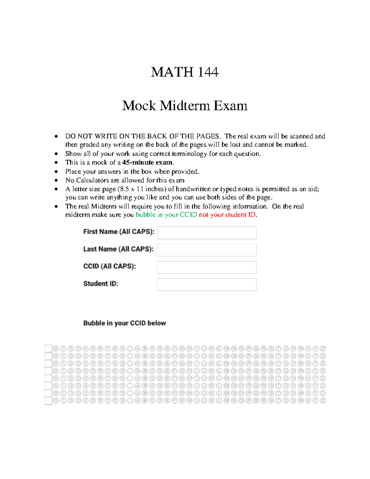 Mock Midterm - MATH 144 Mock Midterm Exam • DO NOT WRITE ON THE BACK OF ...