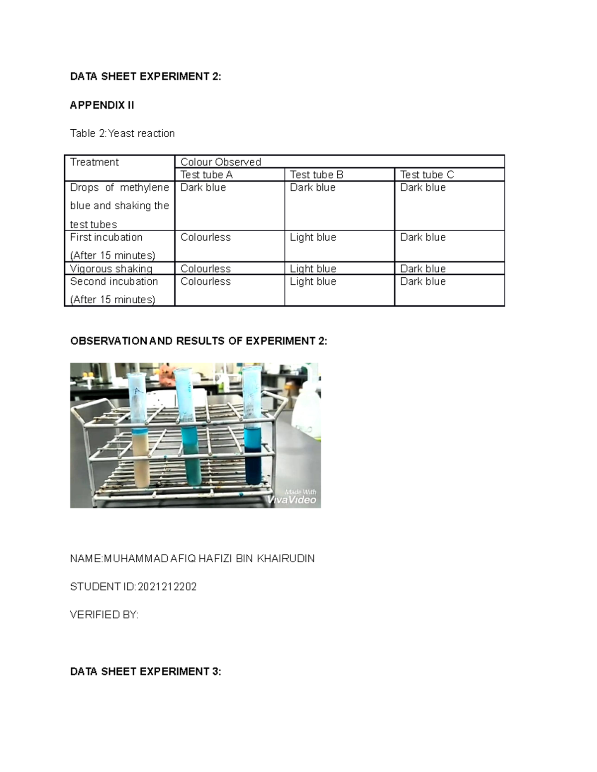 DATA Sheet Experiment 2 AND 3 - DATA SHEET EXPERIMENT 2: APPENDIX II ...