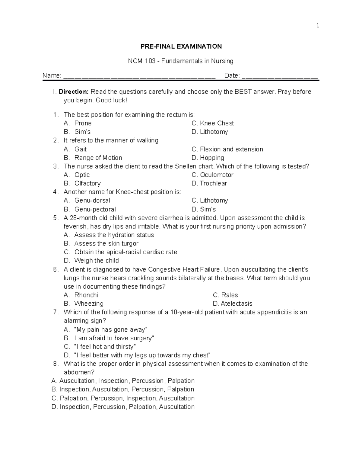 PRE- Finals-HA printed - PRE-FINAL EXAMINATION NCM 103 - Fundamentals ...