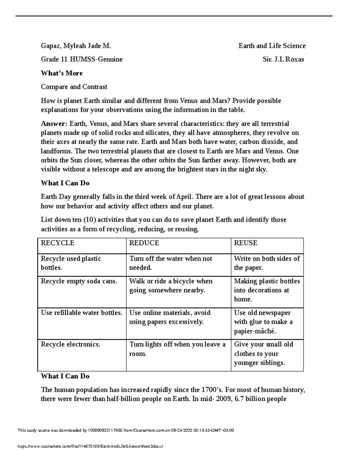 Earth And Life Science Week2 - Gapaz, Myleah Jade M. Earth and Life ...