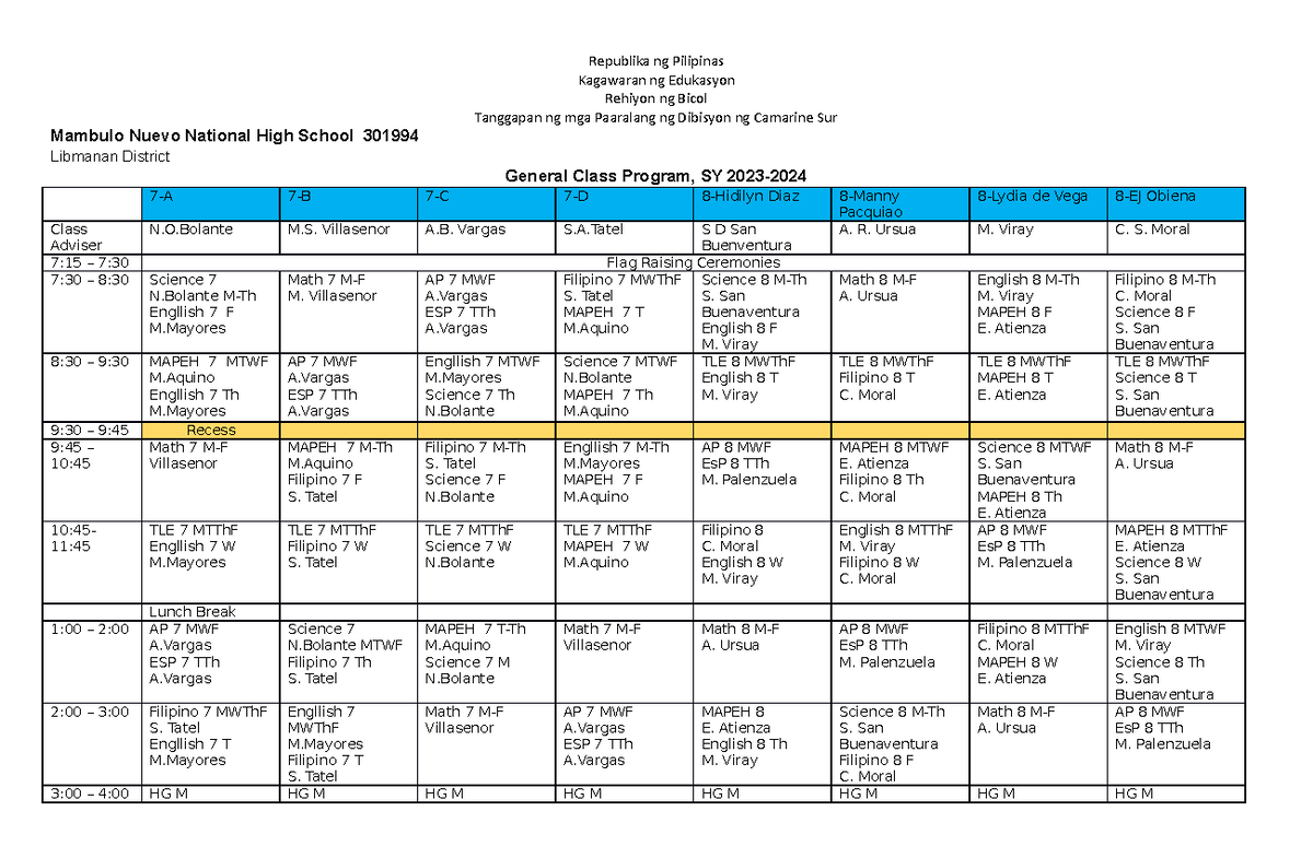General Class Program jhs sy2023 2024 - Kagawaran ng Edukasyon Rehiyon ...