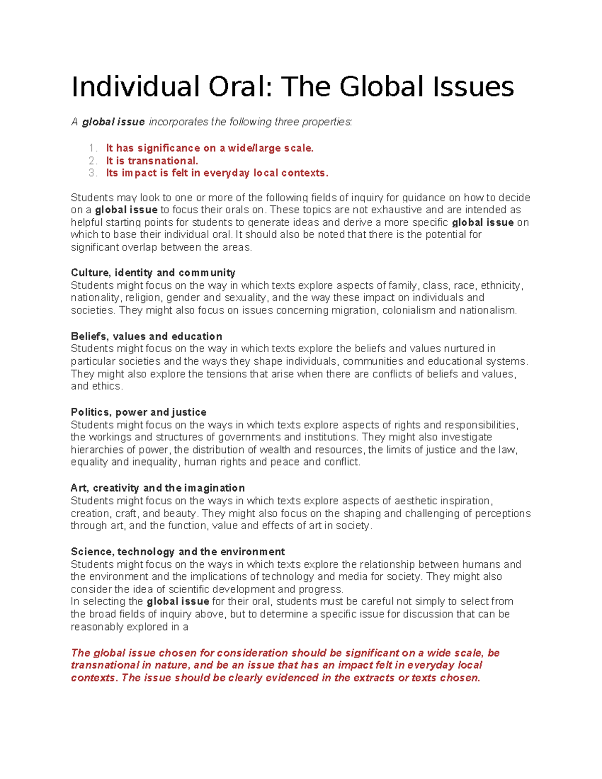 IO Global Issue - Individual Oral: The Global Issues A global issue ...