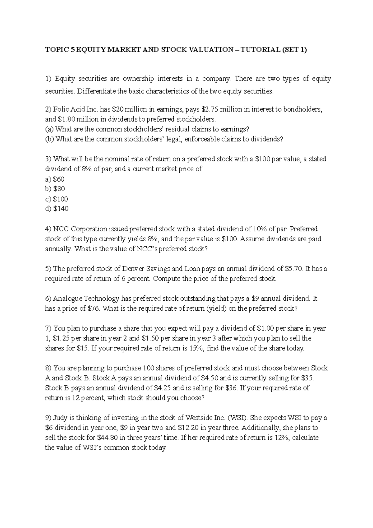 Topic 5 Tutorial Questions (SET 1) - TOPIC 5 EQUITY MARKET AND STOCK VALUATION – TUTORIAL (SET 1 ...