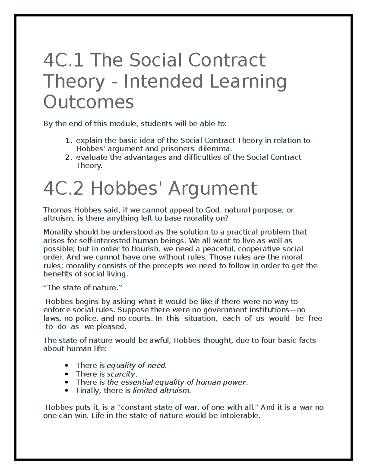 Ethics 10 - Lecture notes 3-7 - 4C The Social Contract Theory ...