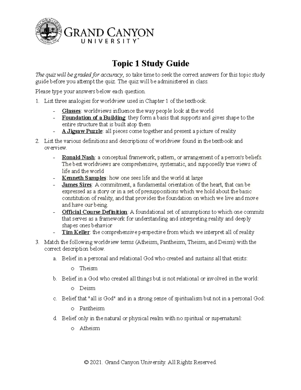 Topic 1 Study Guide - Topic 1 Study Guide The quiz will be graded for ...