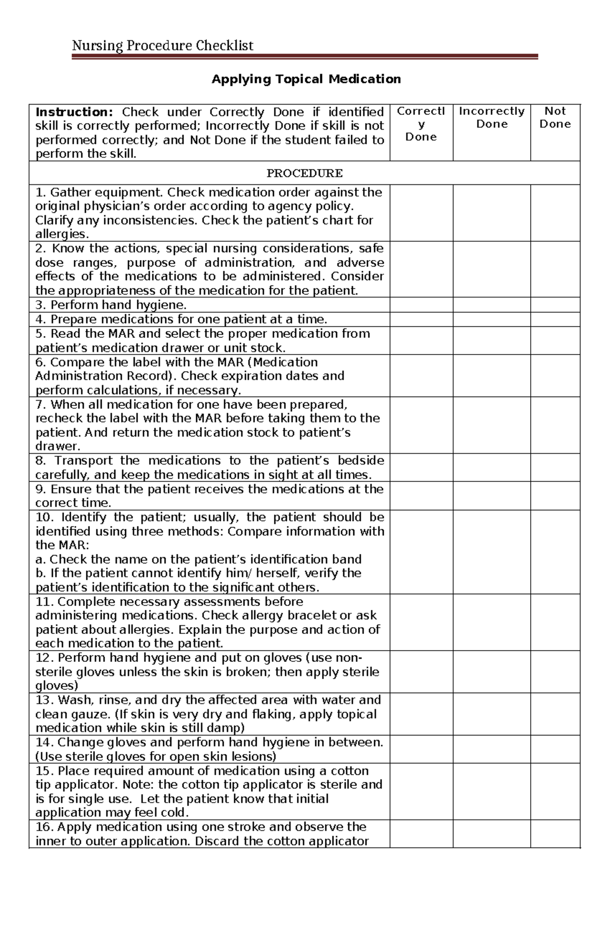 Topical-checklist - Practice material - Nursing Procedure Checklist ...