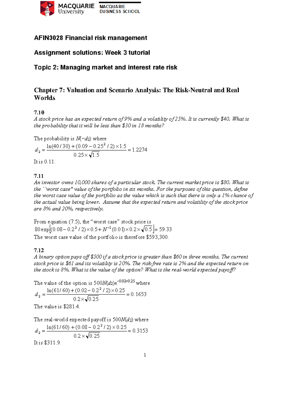 General - Tutorial Week 3 Solutions - AFIN 3028 Financial risk management Assignment solutions ...