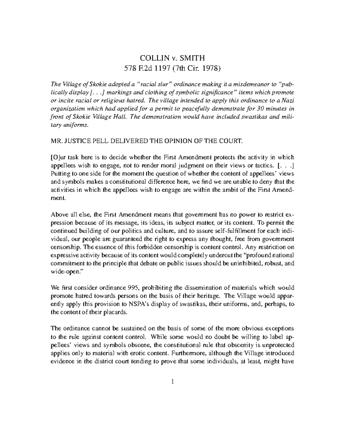 First Amendment Protection for Nazi Demonstration in Skokie - Studocu