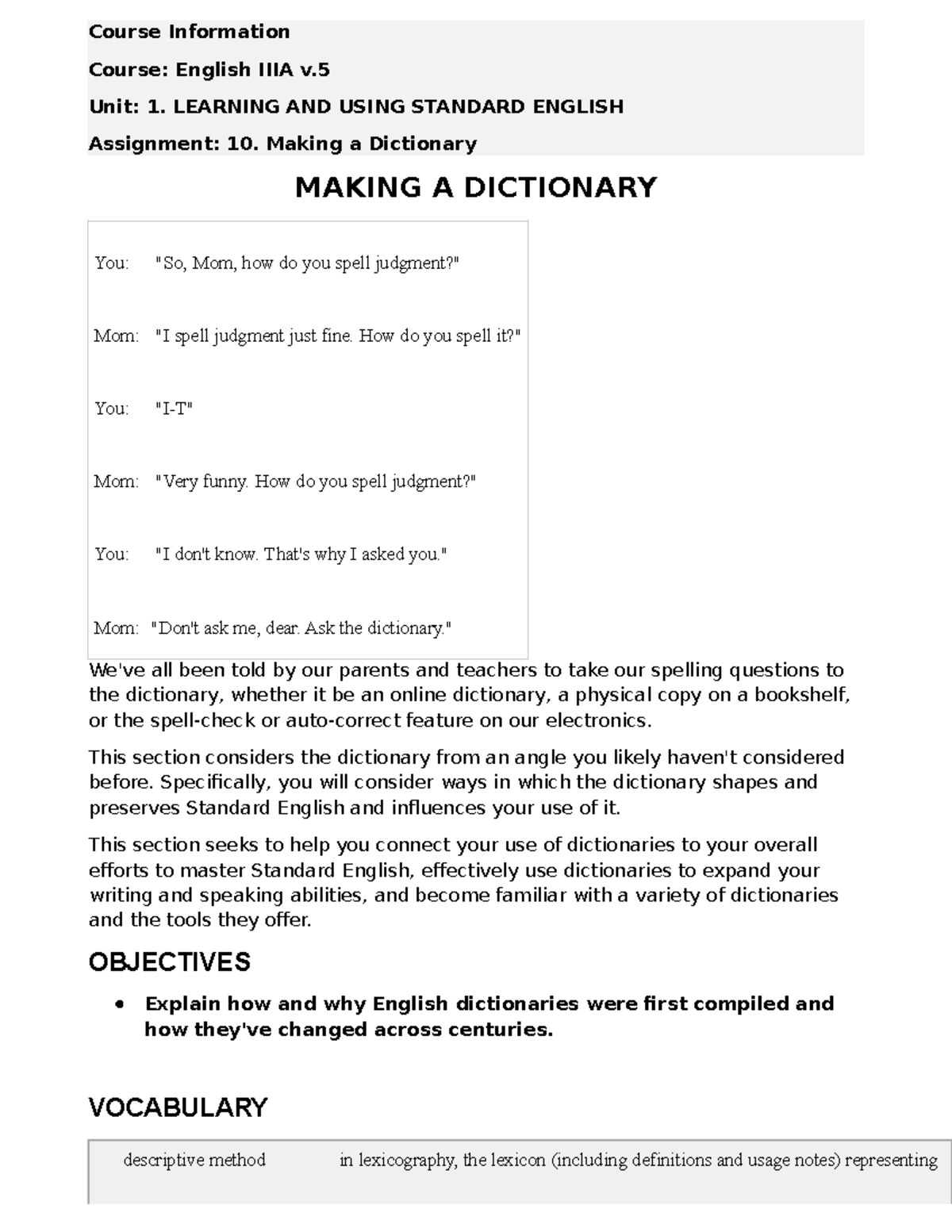 Making a Dictionary - Course Information Course: English IIIA v. Unit ...