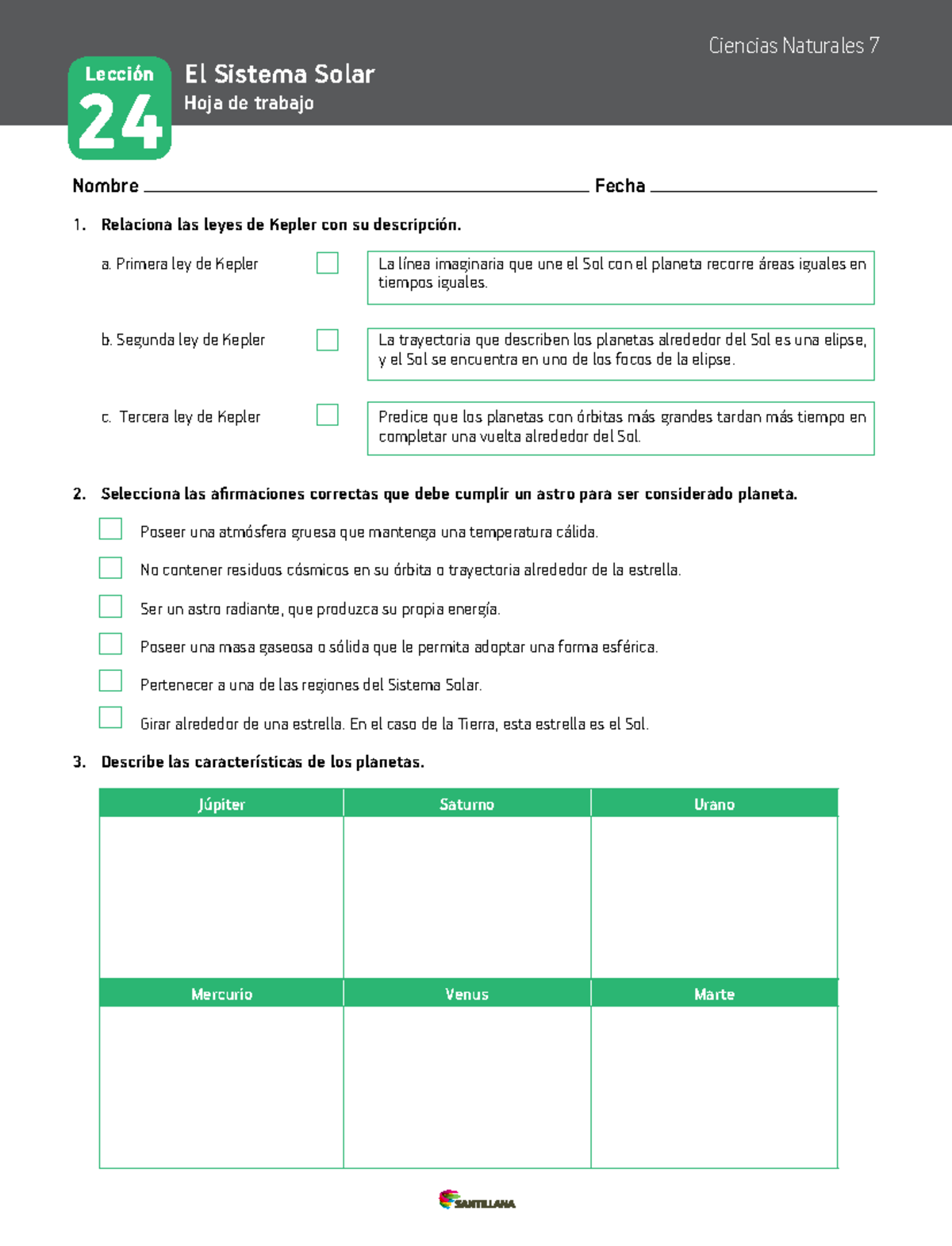 Hoja 9 Sistema Solar Primero - Nombre Fecha Lección Ciencias Naturales ...