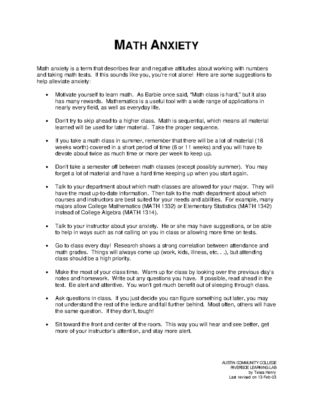 Math Anxiety - Practice materials for general math - AUSTIN COMMUNITY ...