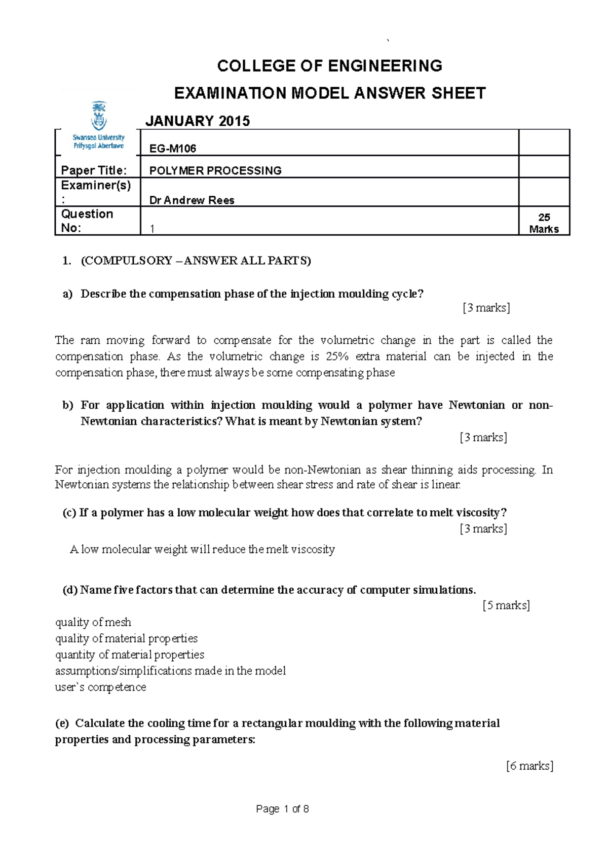 Exam 2015, answers - ` COLLEGE OF ENGINEERING EXAMINATION MODEL ANSWER ...
