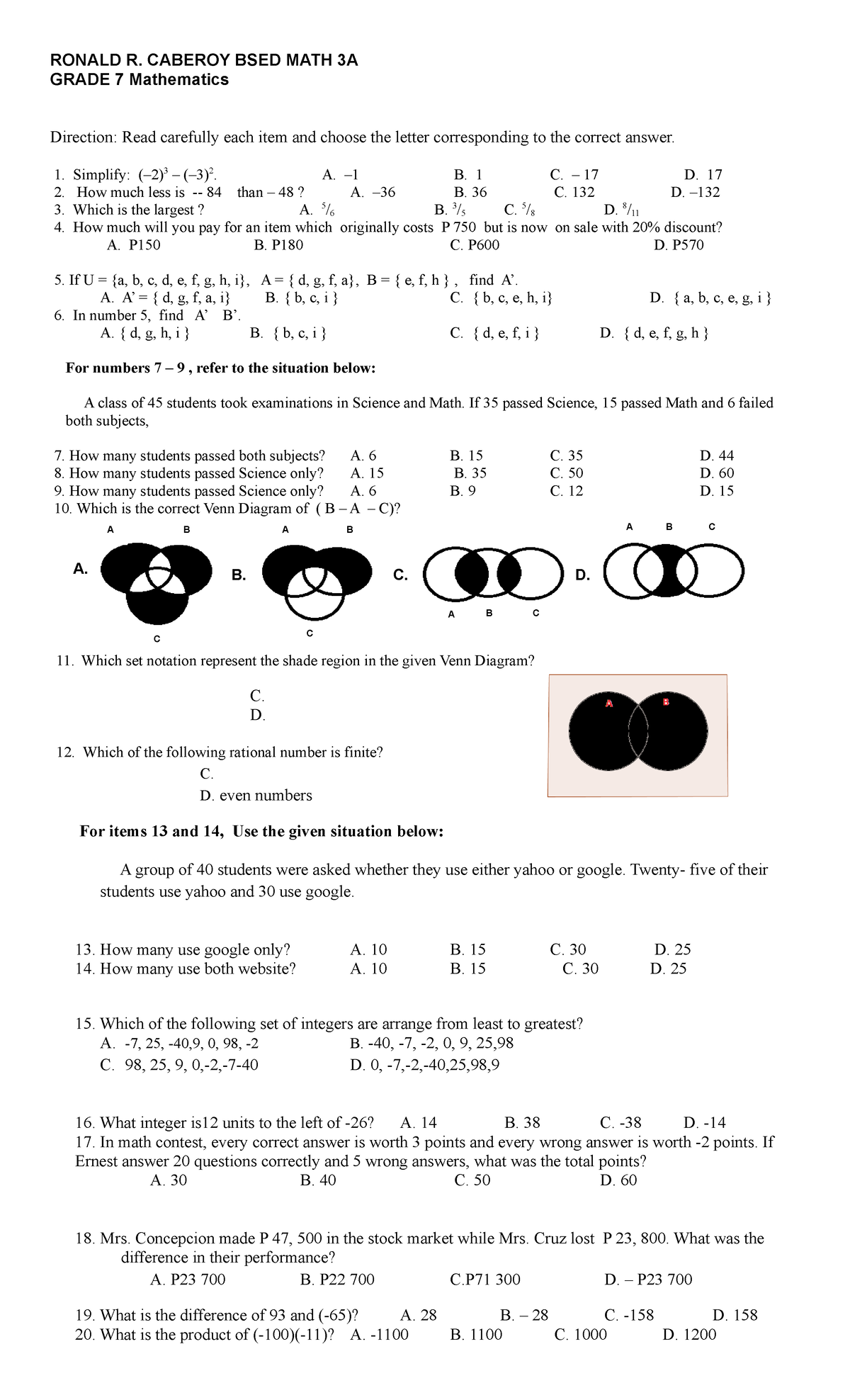 1st Periodic Test - Math 7 - RONALD R. CABEROY BSED MATH 3A GRADE 7 ...
