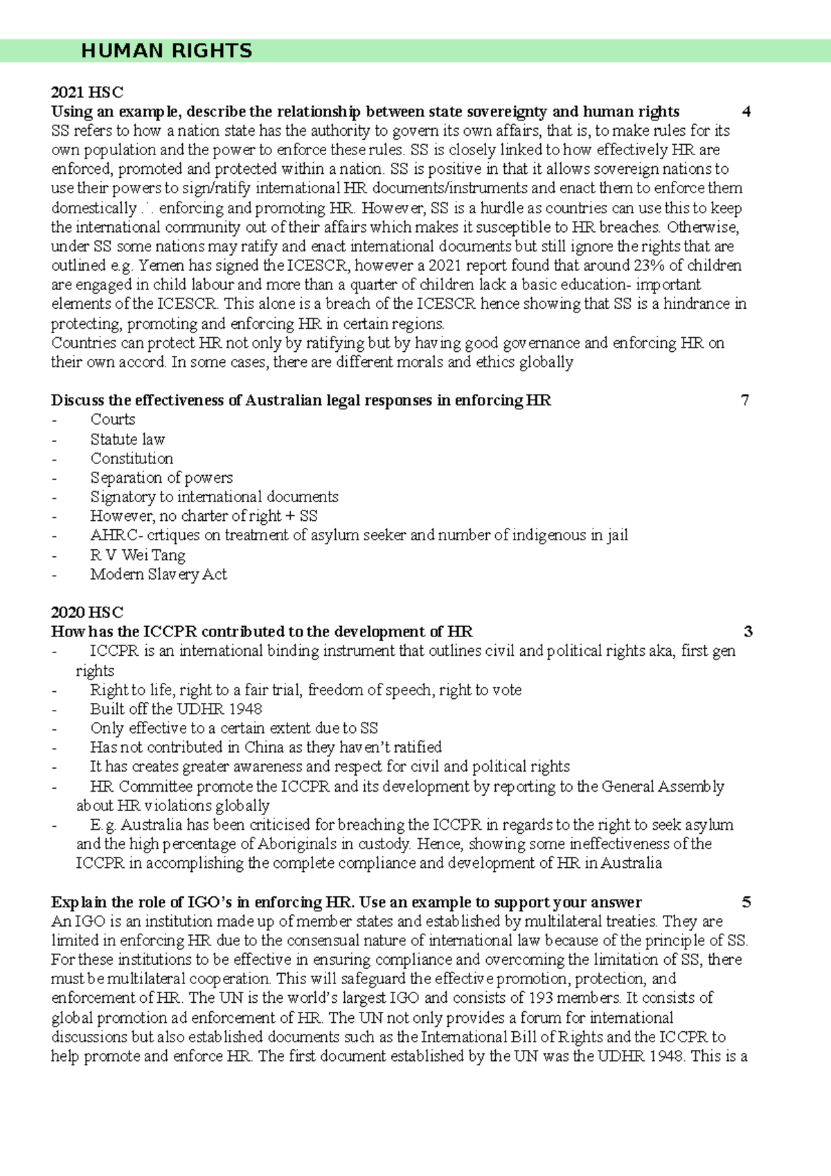 HR shorties typed - A series of human rights short answers with HSC ...