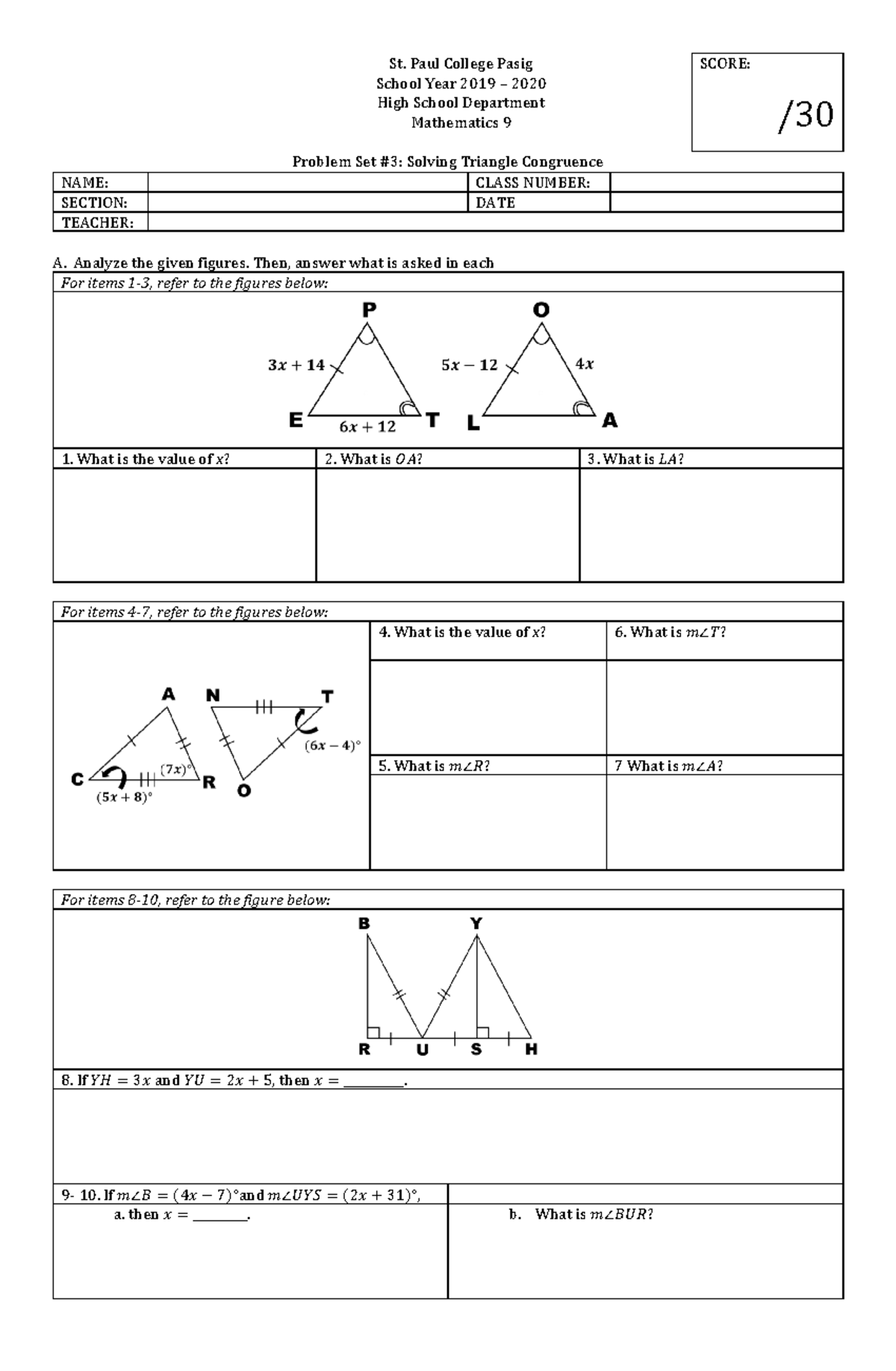 Problem Set 3 Solving Triangle Congruence - St. Paul College Pasig ...